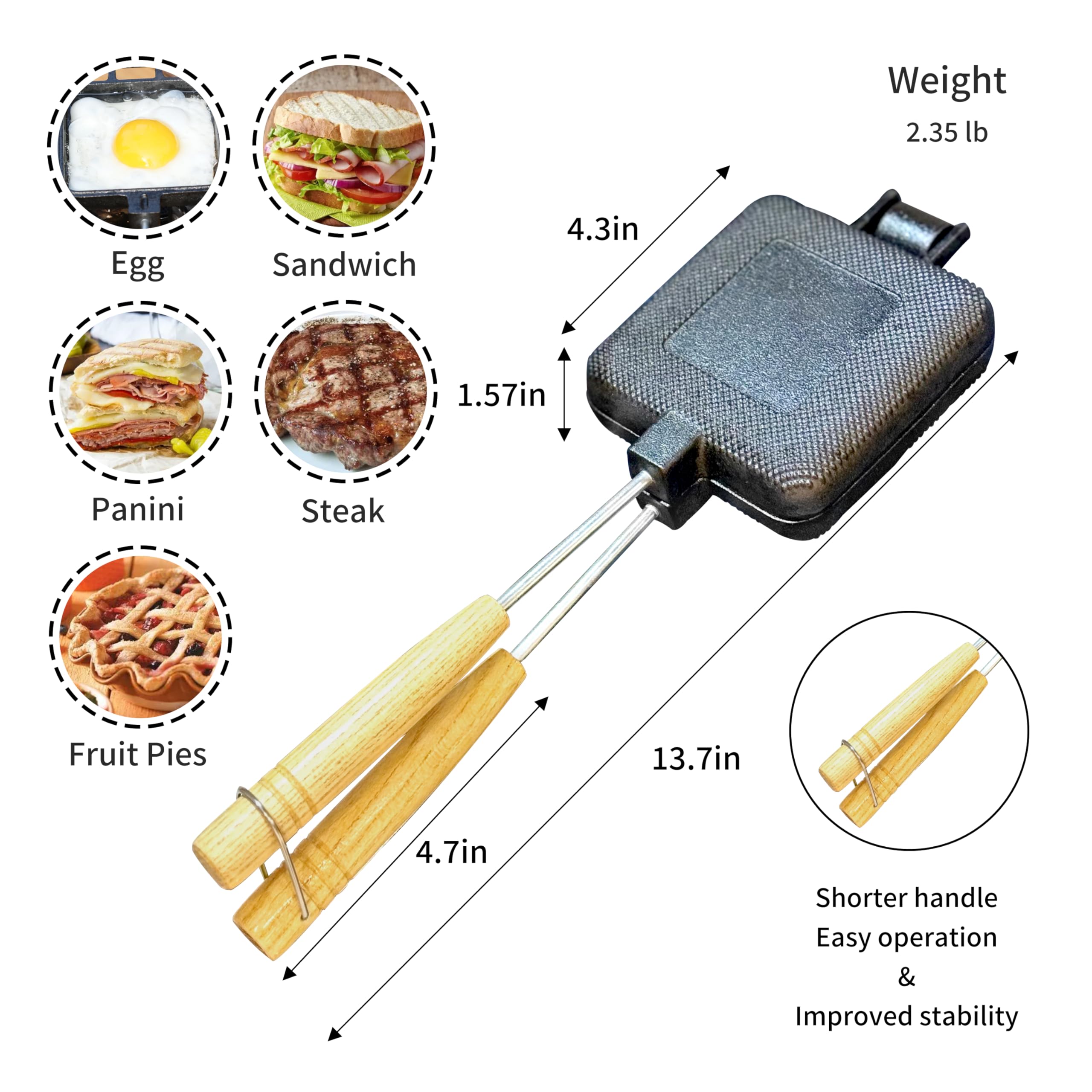 CretFine Cast Iron Pie Maker Breakfast Sandwich Maker Panini Grill Press for Stovetop Camping Handheld Pudgy Hobo Pie Toastie