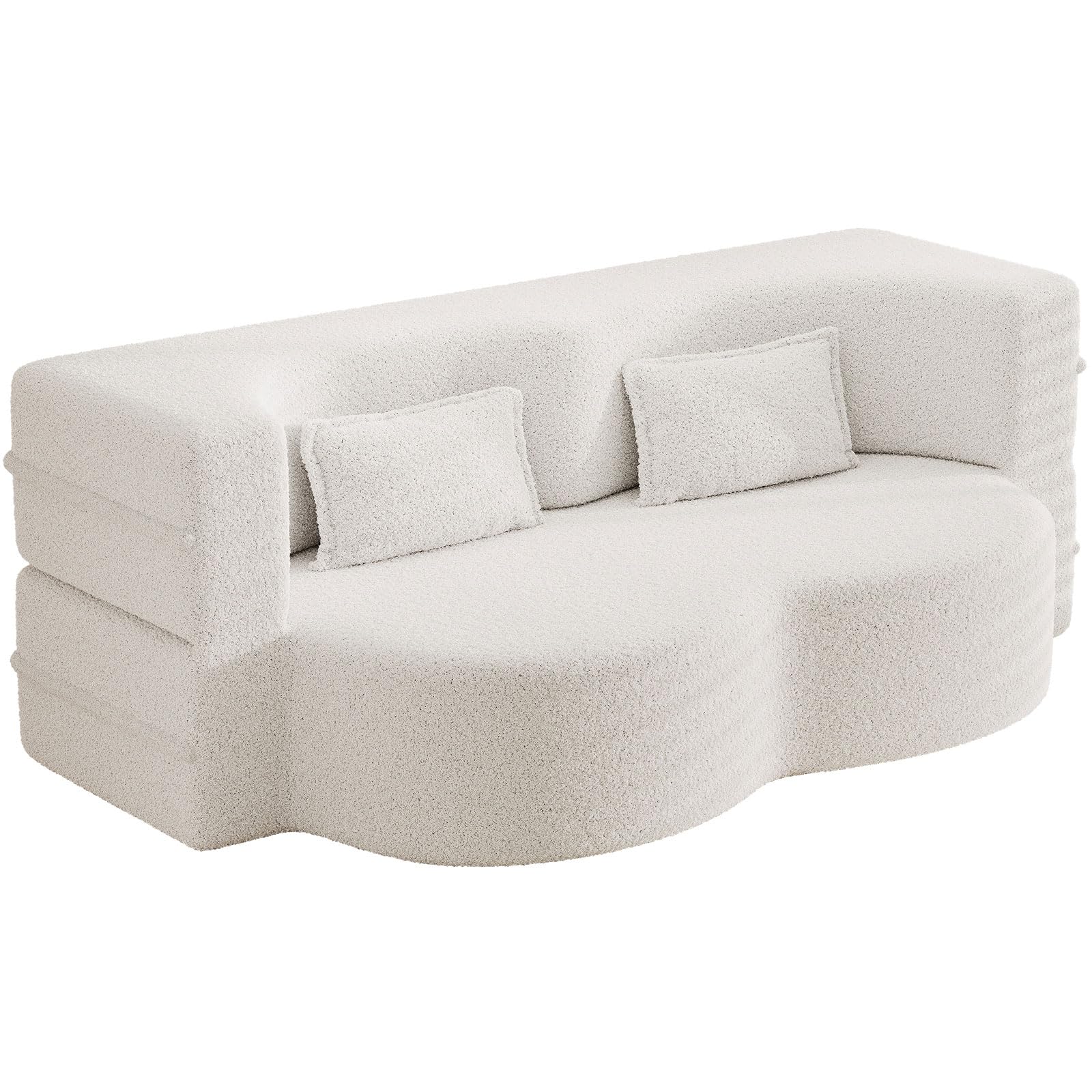 FocusOnHome Modern Floor Sofa with 2 Pillows,Convertible Teddy Fabric Foam-Filled Sleeper Sofa Bed,15" Full Size Folding Mattress for Living Room, Guest Bed, Playroom,No Assembly Required,Beige