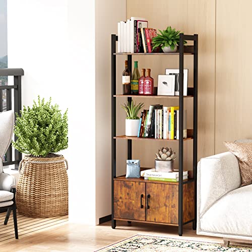 Furologee Bookshelf and Bookcase with Doors, Tall 61" Free Standing Display Shelving Units with 4-Tier Shelves, Industrial Storage Cabinet for Home Office, Living Room, Bedroom, Bathroom, Rustic Brown