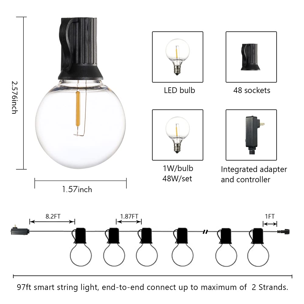 SUNTHIN Smart String Lights, 97FT Smart Patio Lights Work with Alexa & Google Assistant, 48 G40 Shatterproof LED Bulbs, Waterproof Hanging Lights for Porch, Backyard, Deck, Garden, Pergola, Bistro