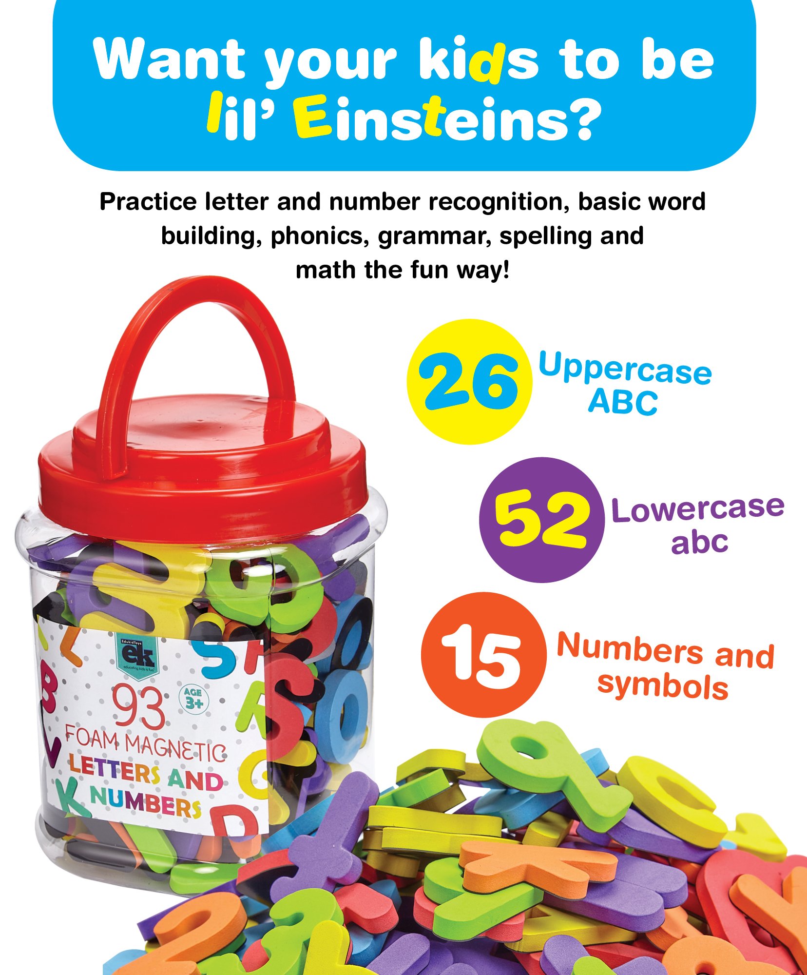 Magnetic Foam Letters and Numbers Premium Quality ABC, 93 Foam Alphabet Magnets | Educational Toy for Preschool Learning, Spelling, Counting in Canister