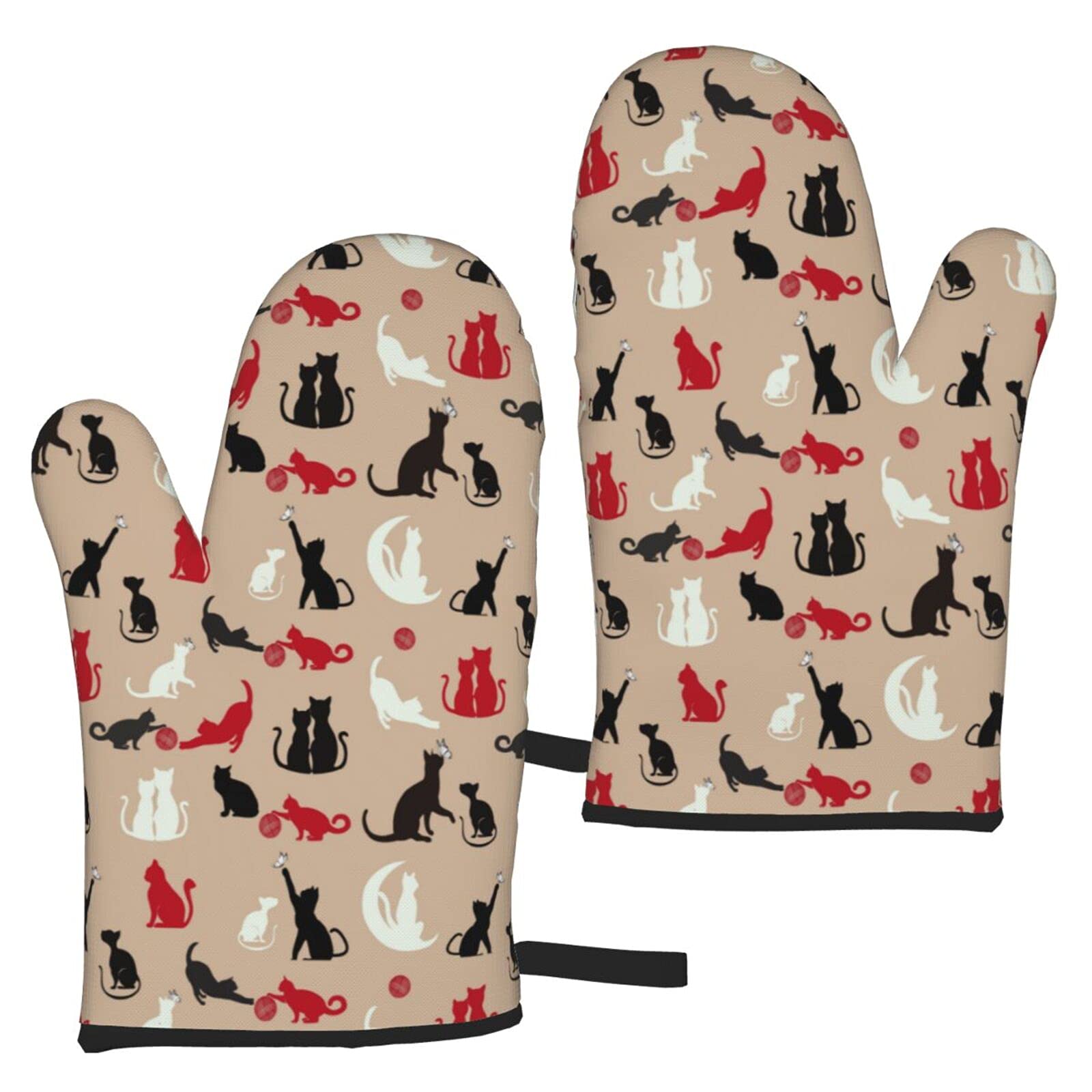 Cat Oven Mitts Set of 2 Birthday Gifts for Cat Lovers Waterproof and Non-Slip Shape Printed Kitchen Women Men Cooking Barbecue Microwave (Oven Mitts Cat, Khaki Mittens)