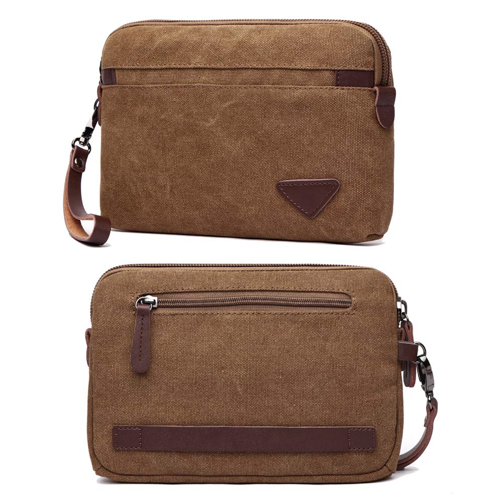 Canvas Wristlet Bag Large Clutch Bag Wallet Purse Zipper Pouch Handbag Organizer with Leather Strap for Men