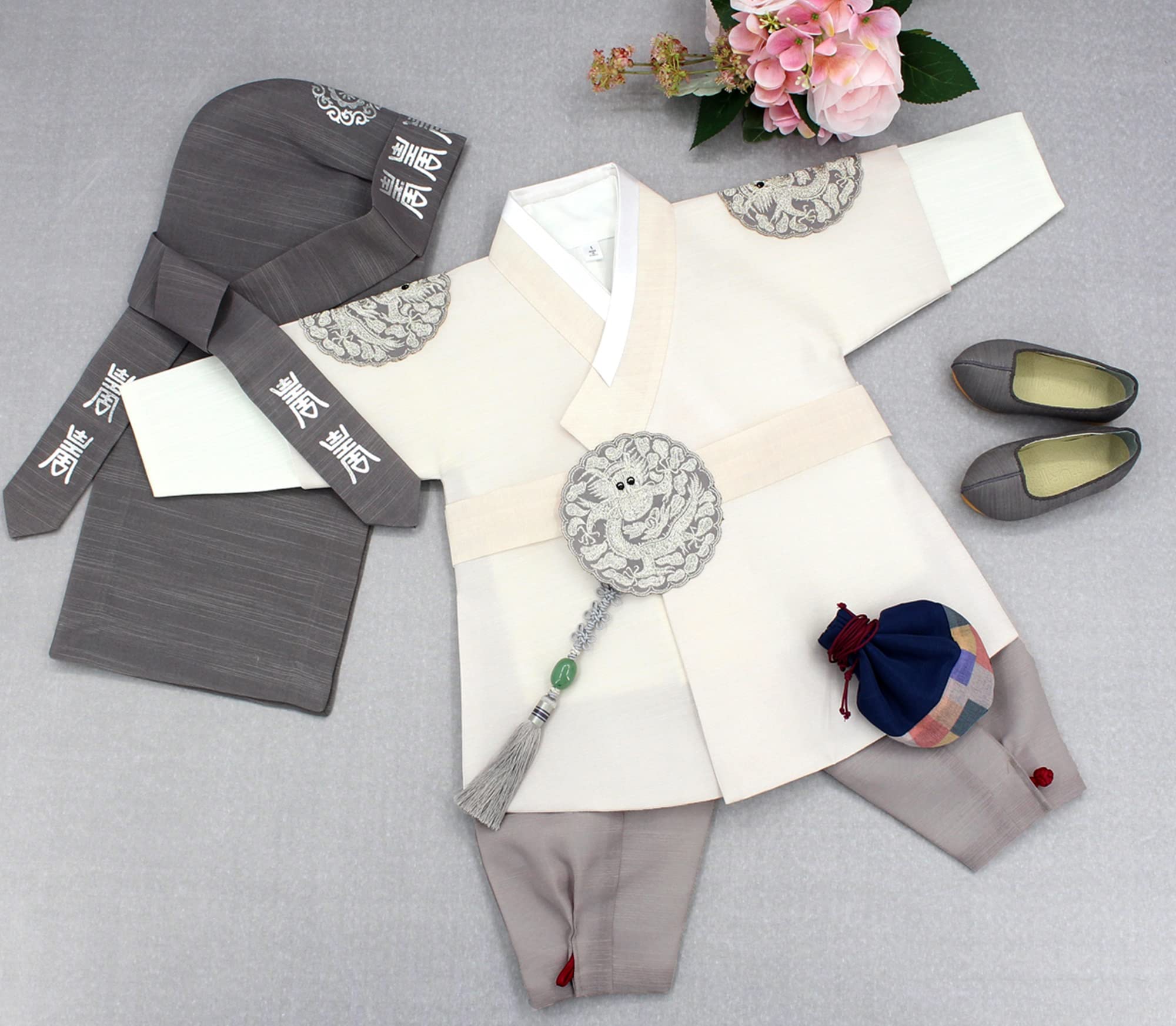 Korean Hanbok Boy Baby Traditional Kings Design Clothing Set Beige 100th days to 8 ages ddb003 (100th days hanbok)