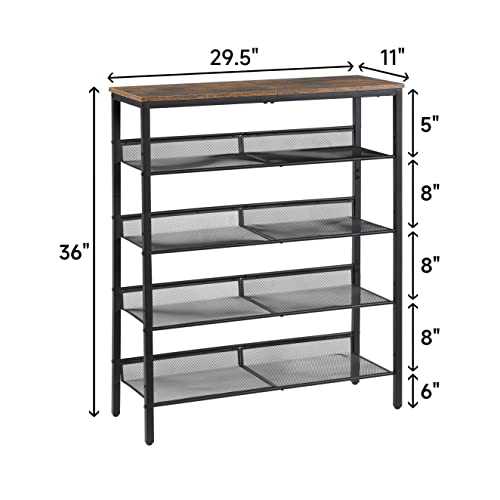 Kavonty Shoe Rack 5 Tier,Shoe Rack Organizer for Closet Entryway with Storage Shelves and Spacious Top,20-25 Pairs Shoes,Shoe Shelf, Steel Frame,Industrial, Rustic Brown and Black