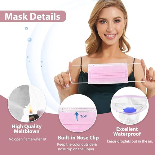 EBAT Pink Disposable Face Masks 50 PCS(1 Box),3-Ply Non-Woven & Melt-Blown Fabric,High Filtration Ventilation Security Hygiene Protection for Adults Women (Other Color-Style-Quantity Available)