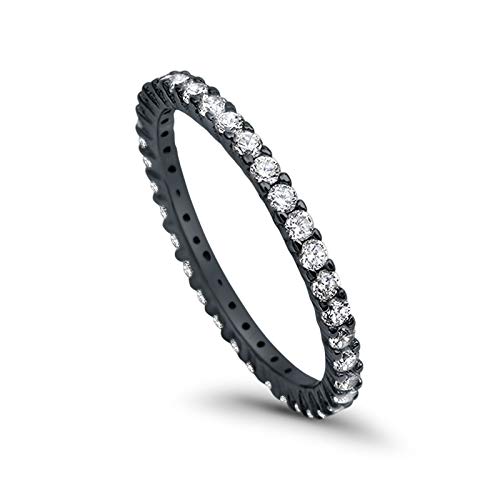 Blue Apple Co. 925 Sterling Silver 2mm Stackable Full Eternity Band Round Clear CZ, Black Tone Rhodium Plated Ring