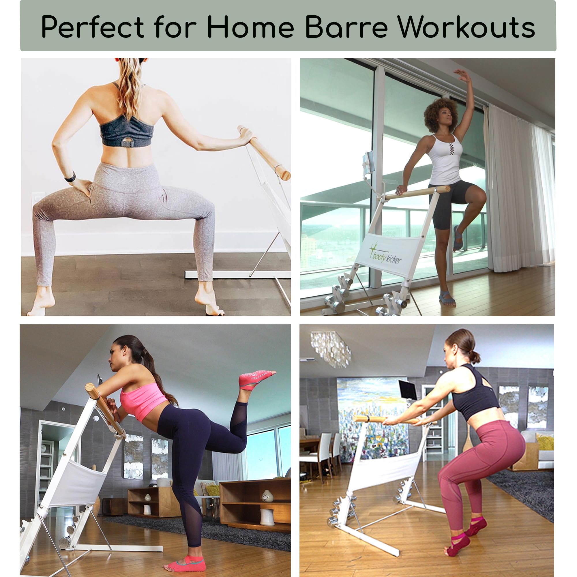 Booty Kicker β Home Fitness Exercise Barre, Folds Flat, Portable, Storable, Strong Angular Design for Pushing, Pulling, Balance & Ballet Exercises, Wood, Steel, Nickle, Perfect for Barre Workouts