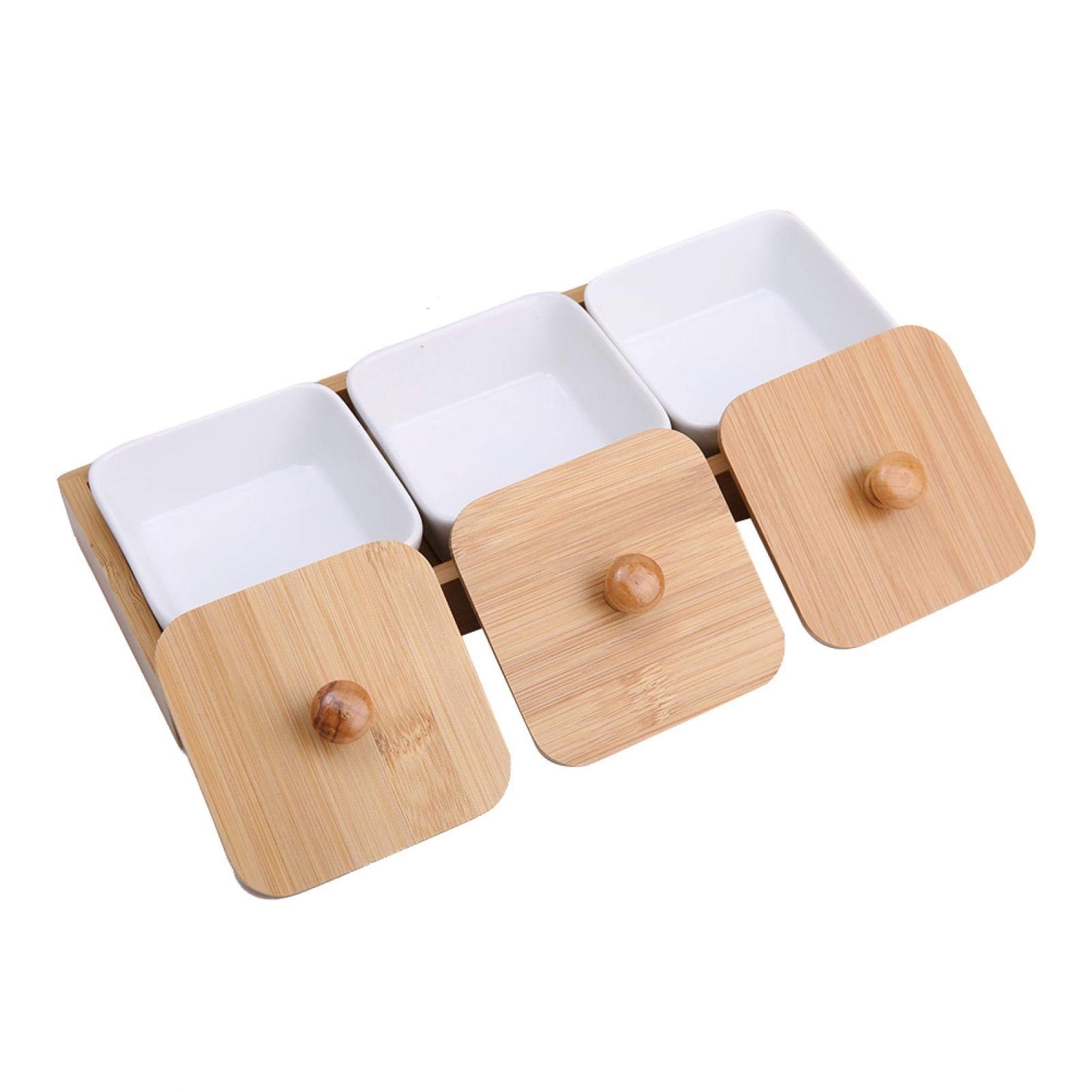 Ceramic Snack Serving Tray Compartment Serving Platter with Bamboo Lid and Pallets Removable Container Food Storage for Appetizer Condiments Nuts(3 Grid)