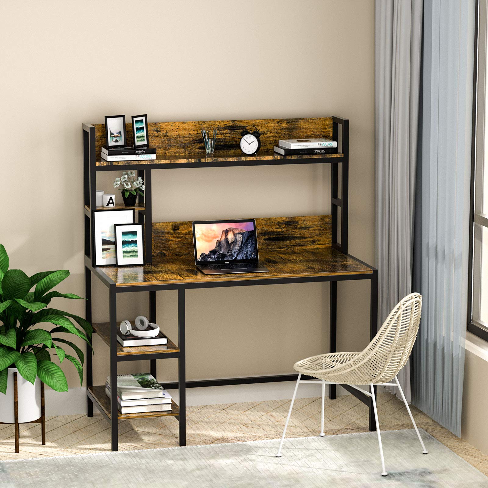 Bizzoelife Computer Writing Desk with Hutch and Bookshelf, Home Office Study Table & 2 Tier Storage Shelves Combo, 47inches Sturdy Wooden Vanity Desk for Kids and Student, Easy Assembly, Retro Brown