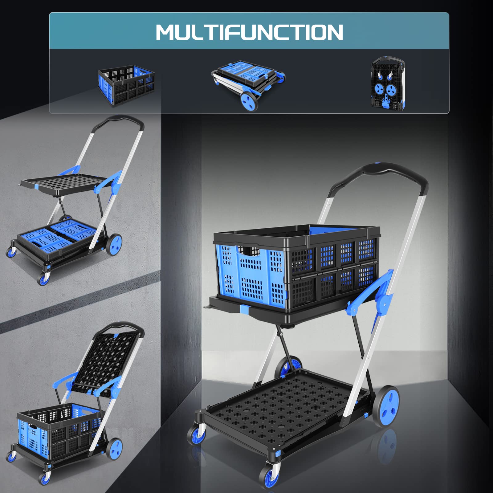 Collapsible Utility Cart,Multi use Functional Shopping Carts with Storage Crate Adjustable Moving Cart Folding Trolley Lightweight, Storage Cart with Removable Basket Carries