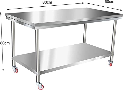 Business Hotel Kitchen Work Catering Table, Commercial Work Table Stainless Steel Prep Table Heavy Duty Table with Undershelf Plus 4 Casters (Wheels) for Kitchen Restaurant Rack (Size : 80x60x80cm)