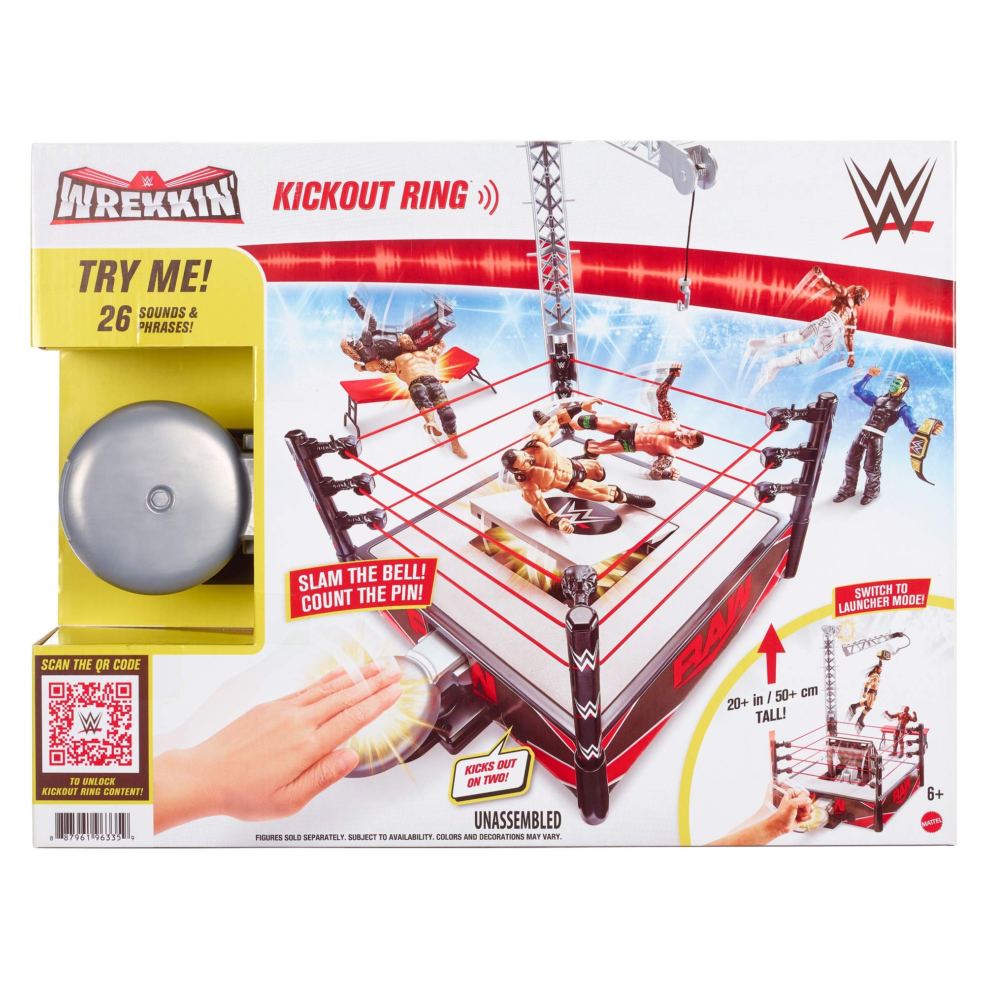 Mattel WWE Wrekkin' Kickout Ring Playset with Accessories & 2 Play Modes, Includes Launcher, Crane, WWE Championship & More, 13-inch x 20-inch