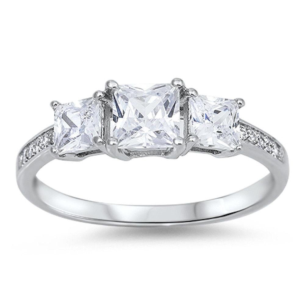 Blue Apple Co. Three Stone Ring Wedding Engagement Ring Princess Cut Simulated Cubic Zirconia 925 Sterling Silver, Size - 6