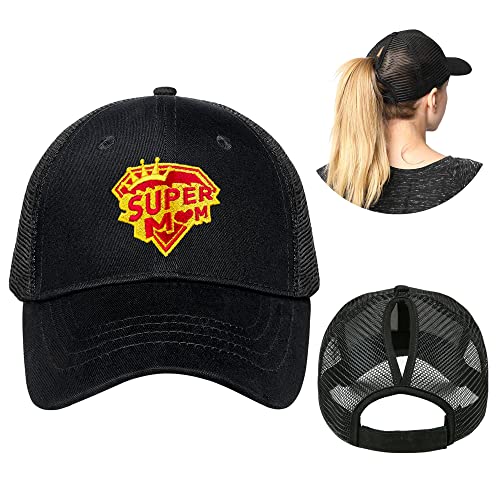Cerheart Rit High Messy Bun Ponytail Hat Funny Hats Mom Hat Mama Hat Black Baseball Hat Adjustable Dad Hat Womens Trucker Cap for Super Mom
