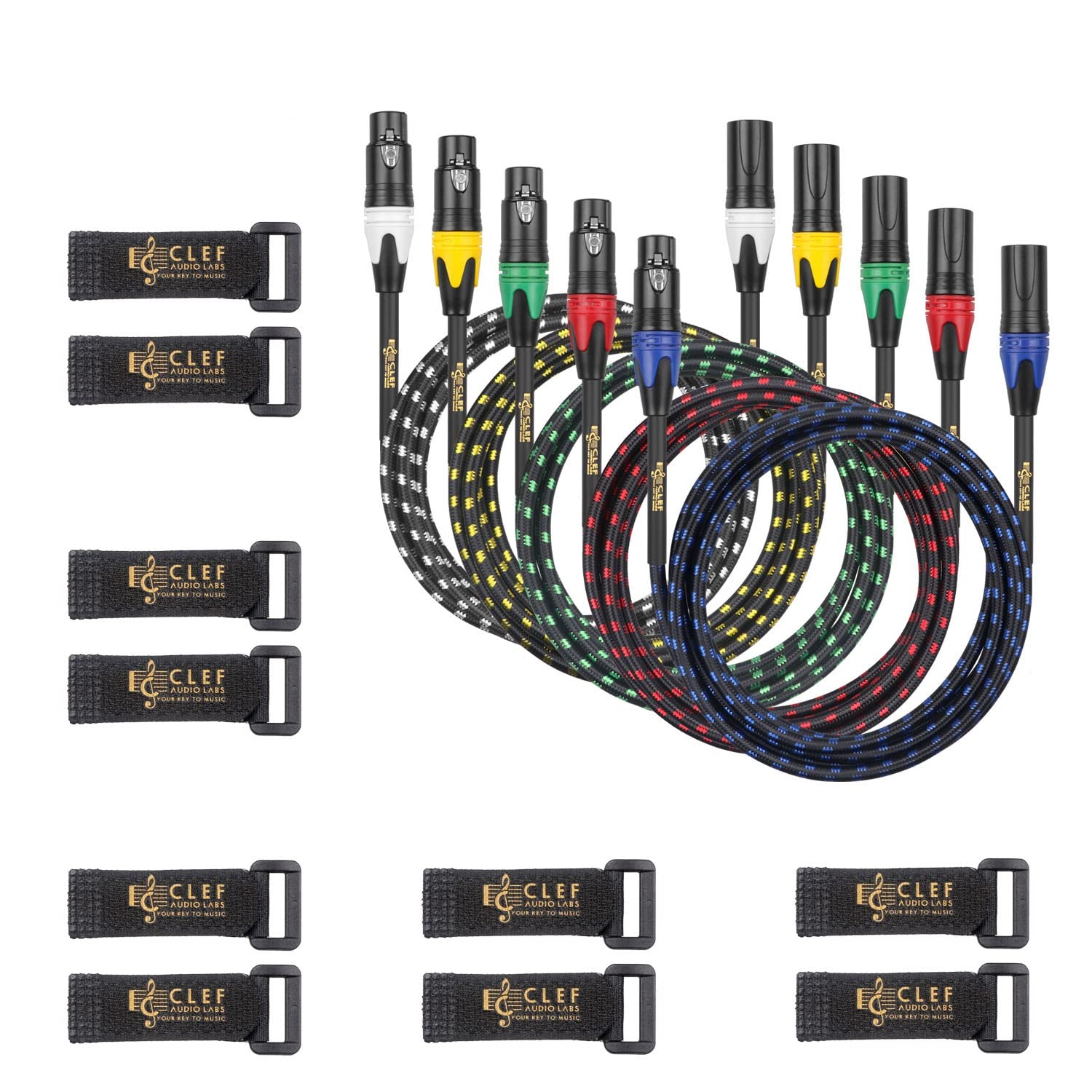 Clef Audio Labs XLR Male to XLR Female Cable - 6FT, 5-Pack - Black Zinc Alloy Shell with 5-Color Braided Design - Professional Grade Balanced Audio Cable for Studio Recording, Live Performance, More