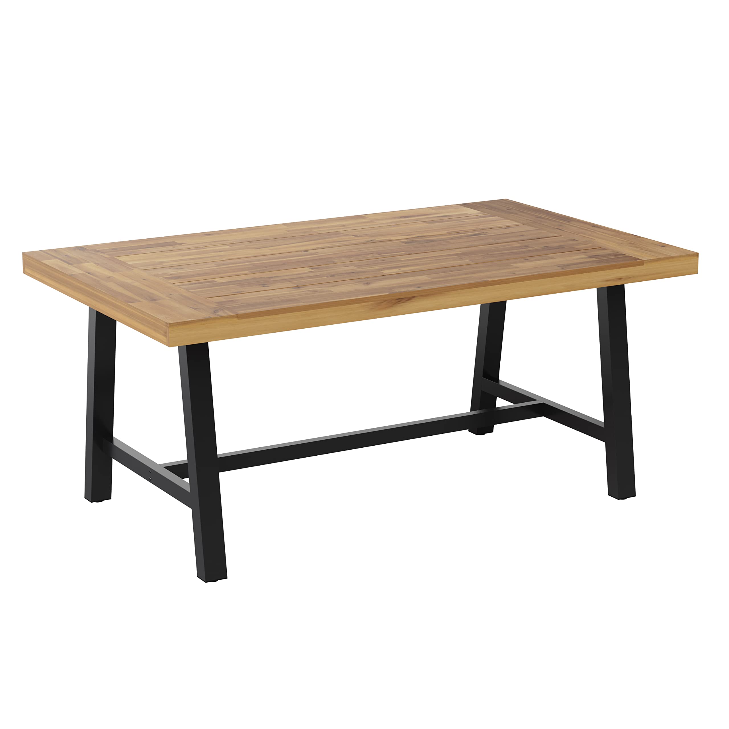 Flash Furniture Rafe Commercial Grade Acacia Wood Dining Table with Metal Base, Indoor/Outdoor Rectangle Patio Table with Plank Style Table Top, Natural/Black