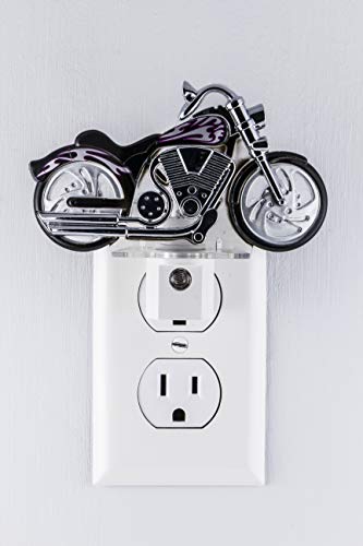 GE LED Motorcycle Night Light, Plug-In, Dusk-to-Dawn Sensor, Auto On/Off, Energy-Efficient, Soft White, Flames & Chrome Design, Ideal for Bedroom, Playroom, Bathroom, & More, Black/Silver, 10904