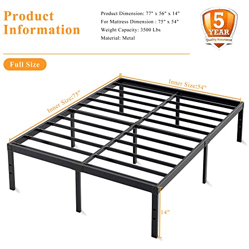 HISKIWUU Full Size Bed Frame Heavy Duty 3500 Lbs 14 Inches,Full Bed Frame Easy to Assemble Anti-Slip Noise Free,Bed Frame Full Size No Box Spring Needed,Under Bed Storage,Black