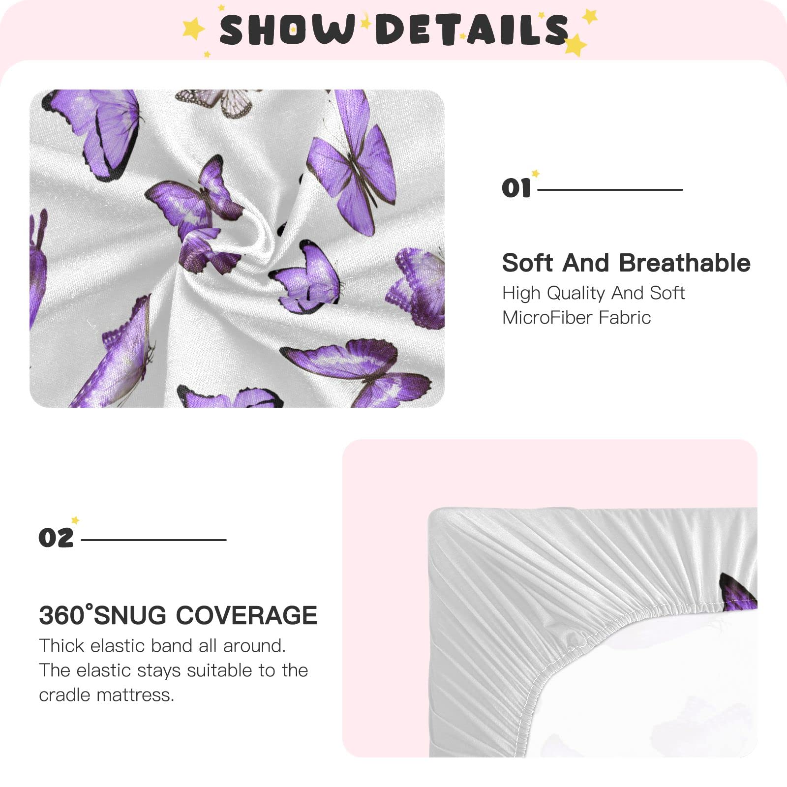 Crib Sheets, Soft Breathable Microfiber Baby Sheet for Standard Size Crib Mattress 28in x 52in, Purple Butterfly(2) Nursery Sheet(226cr2k)