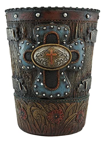 Ebros Gift Rustic Western Old World Country Blue Cross with Concho and Nailheads in Faux Distressed Wood Finish with Floral Patterns (Dry Waste Basket Trash Bin)