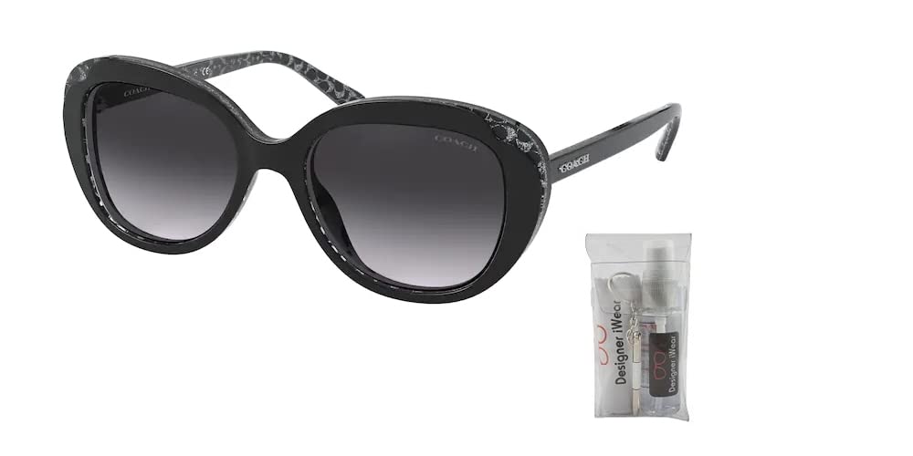 Coach HC8289 55828G 53MM Black Glitter Signature/Grey Gradient Round Sunglasses for Women + BUNDLE With Designer iWear Eyewear Kit