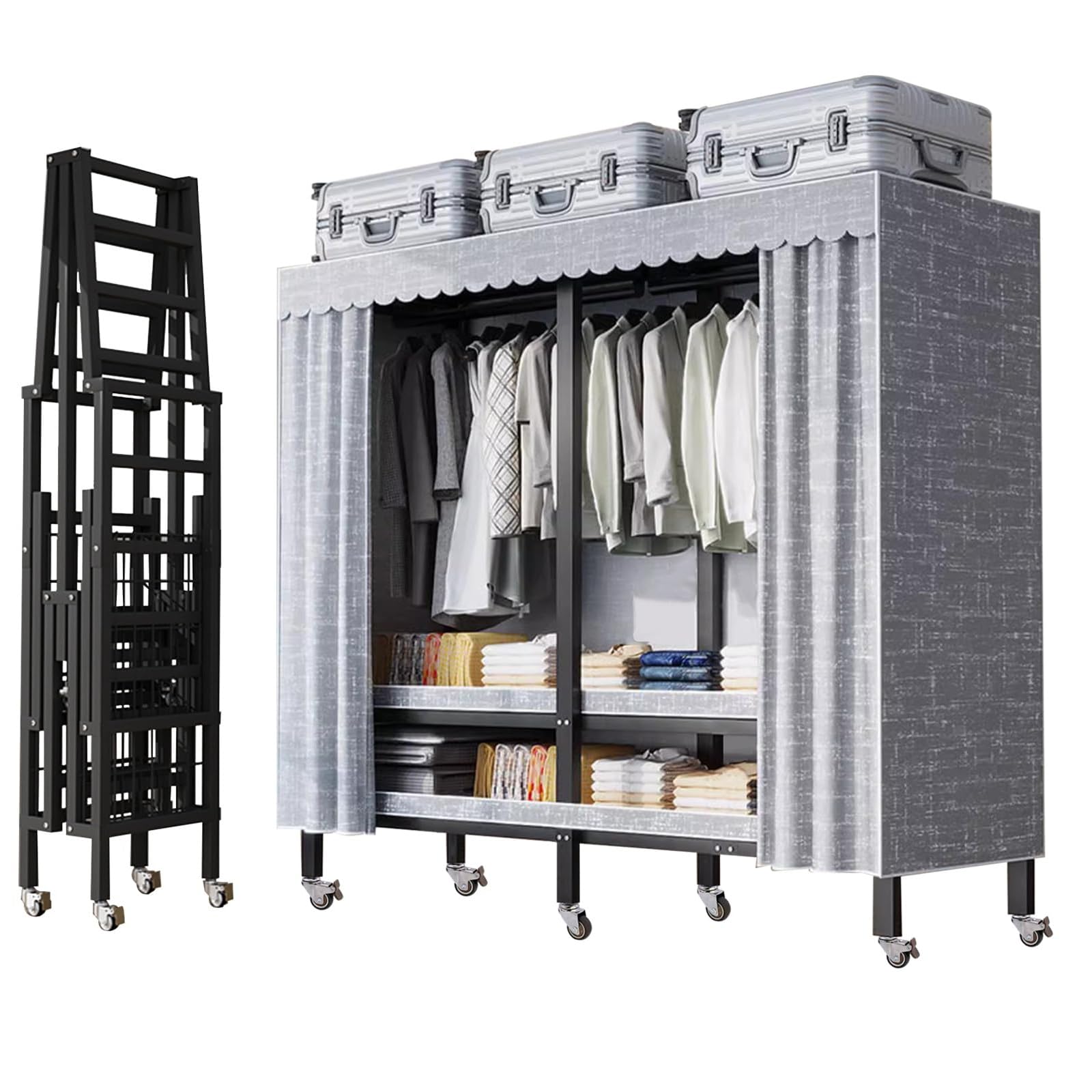 Foldable Clothe Rack with Wheel W/cover Load 2000lbs Heavy-duty Portable Wardrobe for Bedroom Armoires Freestanding Clothing Coat Storage Rack rolling Garment Rack for Hanging Clothes (150CM/59IN)
