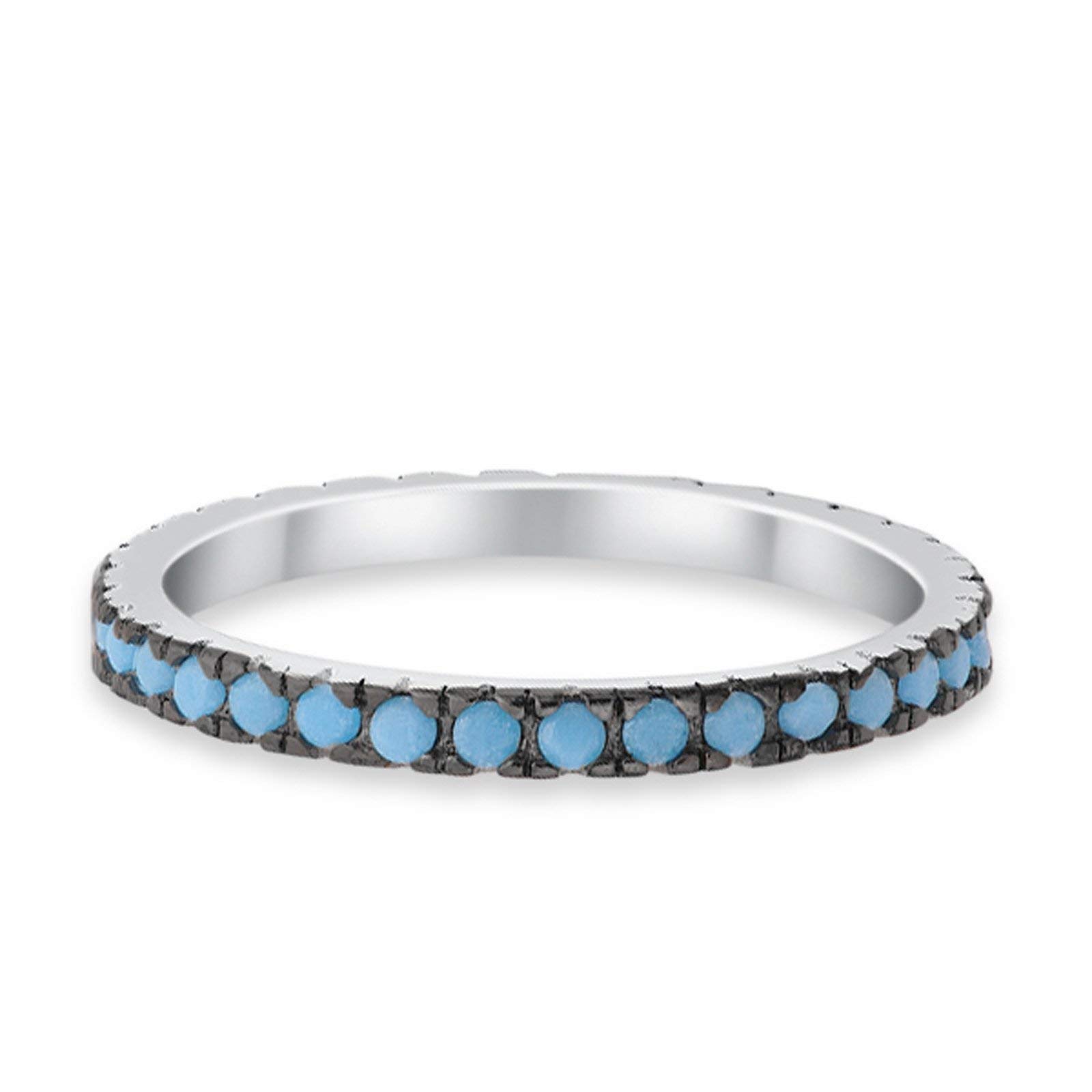 Blue Apple Co. Simulated Turquoise CZ Size-9 Full Eternity Stackable Wedding Band Ring Round Simulated Cubic Zirconia 925 Sterling Silver