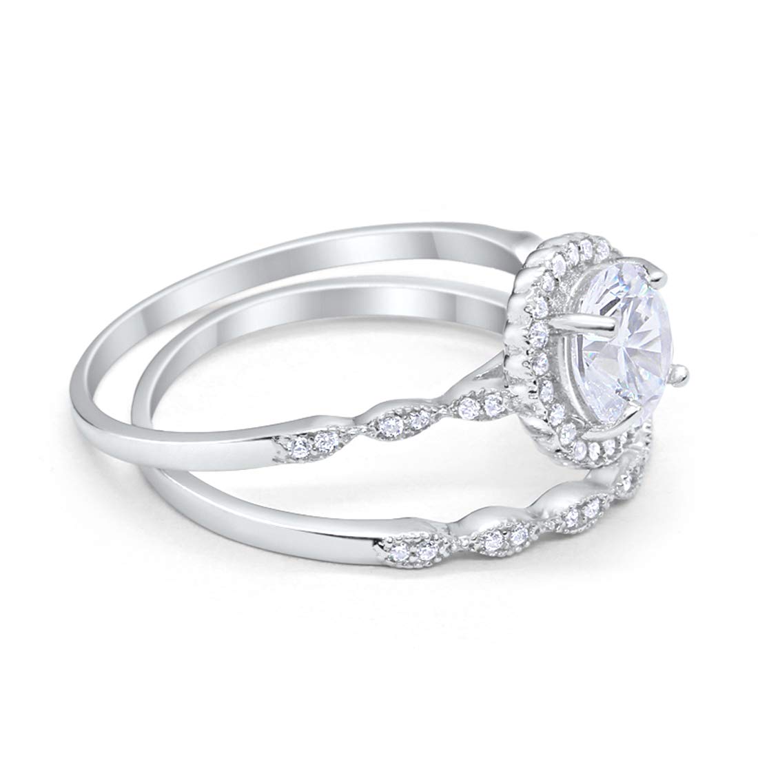 Blue Apple Co. Simulated Cubic Zirconia Size-7 Two Piece Art Deco Halo Wedding Engagement Band Ring Round CZ 925 Sterling Silver