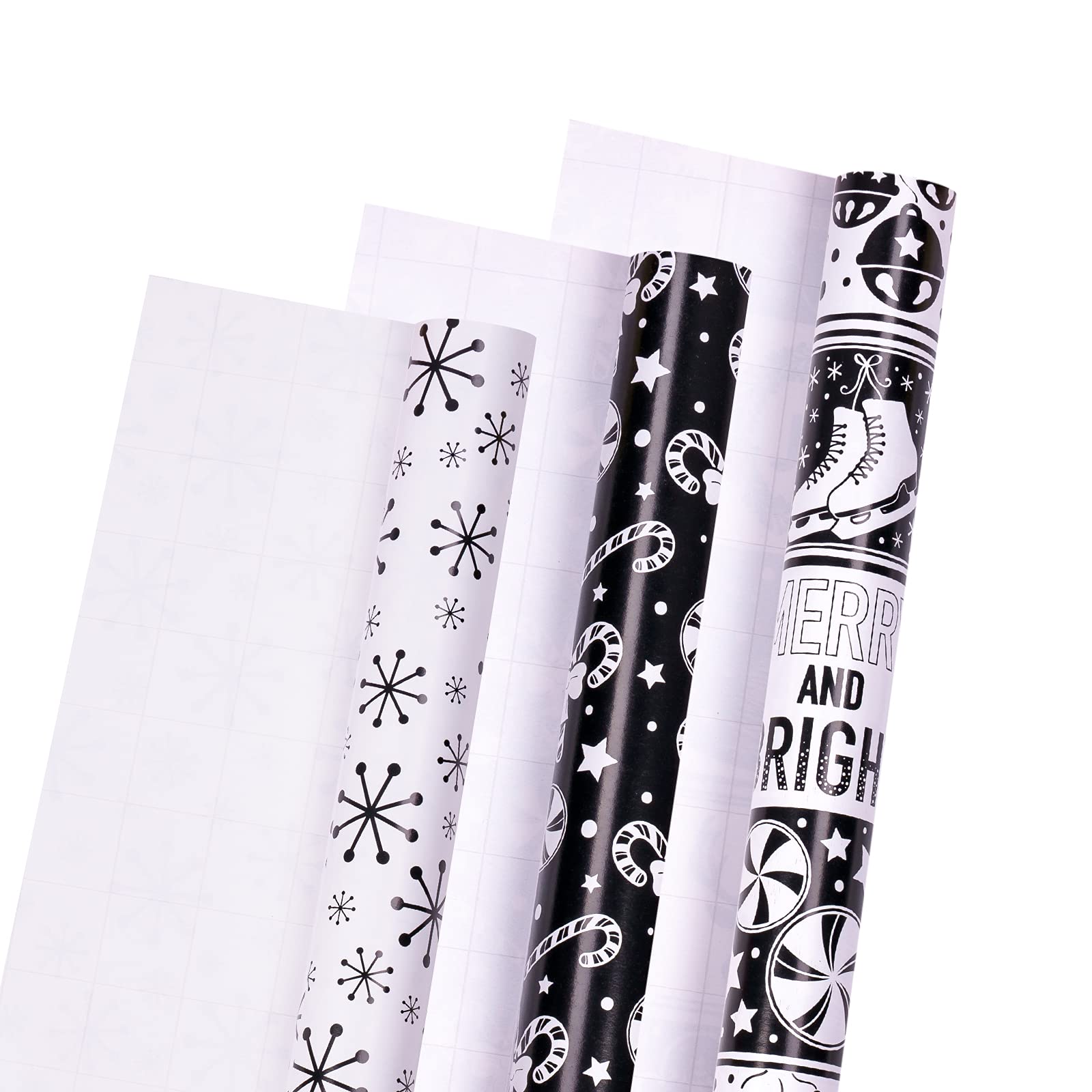 LeZakaa Christmas Wrapping Paper Mini Roll - Bell & Tree/Candy Canes/Snowflakes in Black & White for Gift Wrap, Arts Crafts - 17 x 120 inches - 3 Rolls (42.5 sq.ft.ttl.)