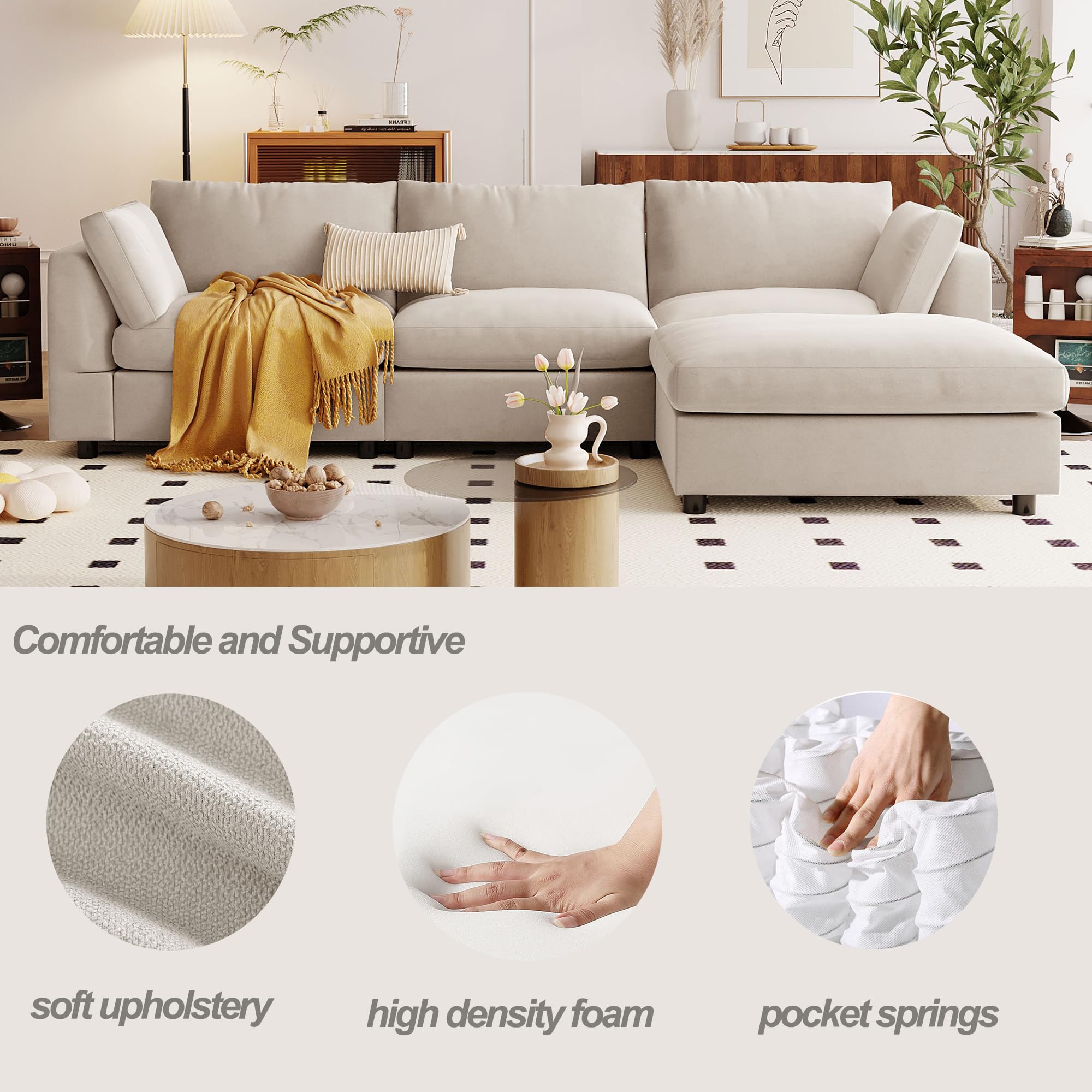 GNIXUU 113" Oversized L Shaped Sectional Sofa Couch, Modern Cloud Sectional Couch Set with Ottoman, Comfy Upholstered Modular Sofa Sleeper for Living Room, Apartment(Beige)