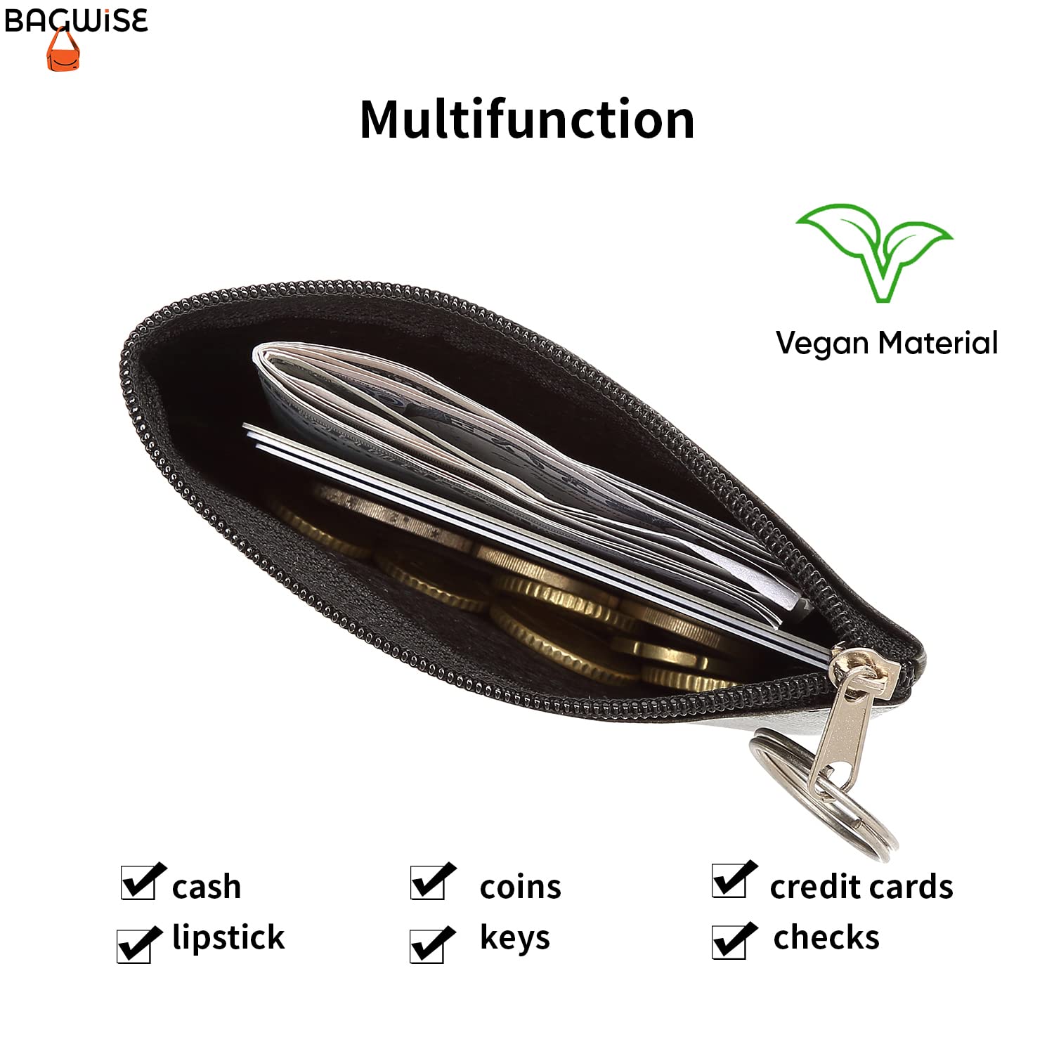 Coin Purse Pouch Change Purse Coin Wallet Change Holder, Vegan Leather Zippered Keychain Mini Coin Bag (Black)
