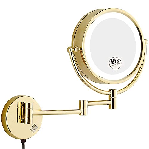 CZQ Wall Mounted LED Lighted Makeup Mirror Hardwired with 10X Magnification, Double Sided 360° Swivel Vanity Bathroom Cosmetic Mirror Extension, 8.5 Inches Plug Powered, Gold