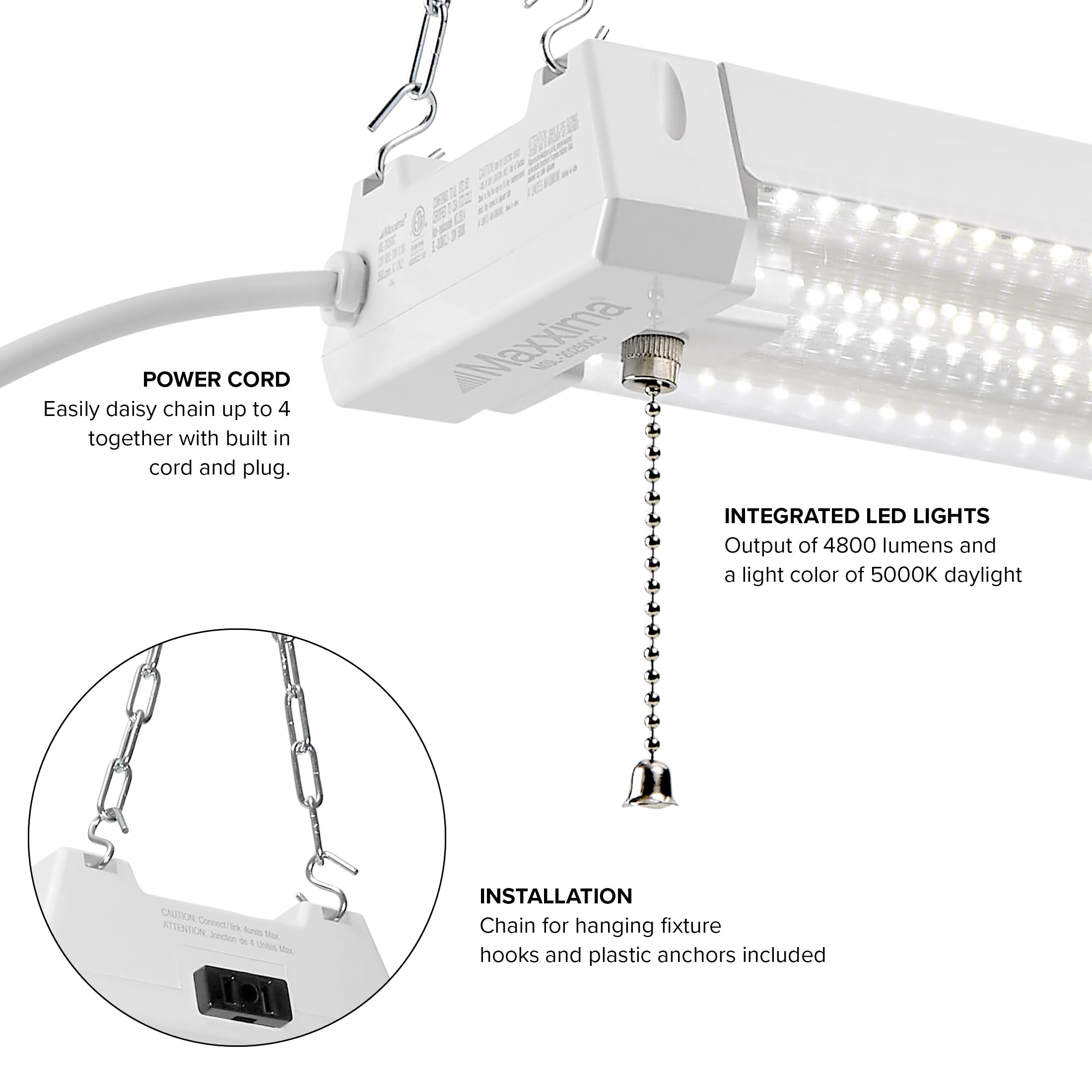 Maxxima 4 ft. Utility LED Shop Light Fixture, 40W, Linkable, Clear Lens 5000K Daylight 4800 Lumens Plug in Pull Chain LED Garage Light Energy Star
