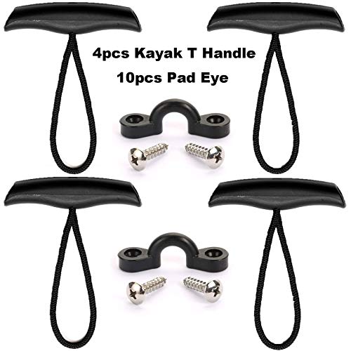 Borogo 2 PCS Kayak Canoe Carry Handle Pull Handle T-Handle with Cord and 5PCS Pad Eyes - 10 PCS Screws Replacement Hardware Parts Kit