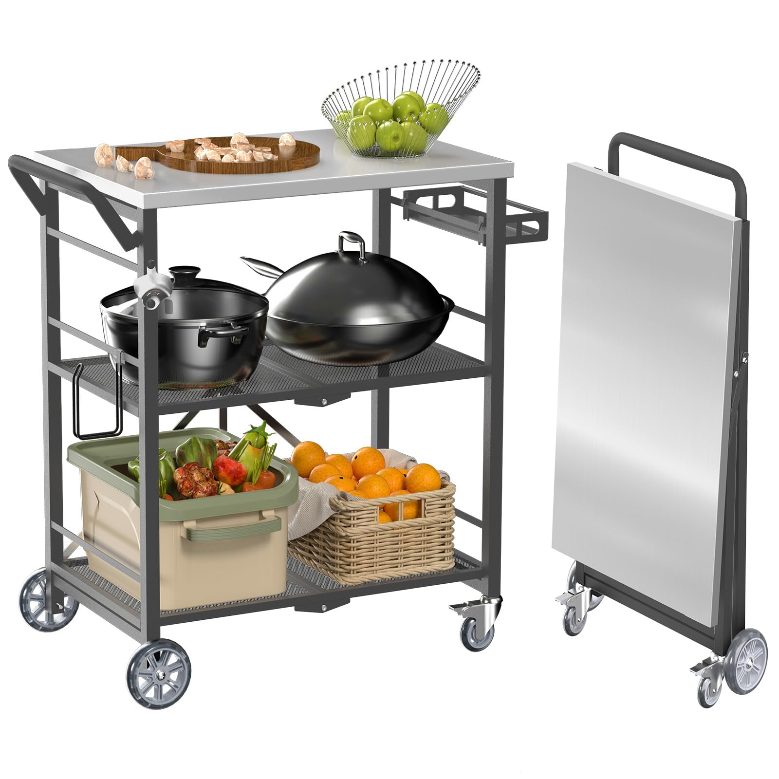 Dining Cart Table with Double-Shelf, Movable Stainless Steel Flattop Grill Cart(Stainless Steel Grey)