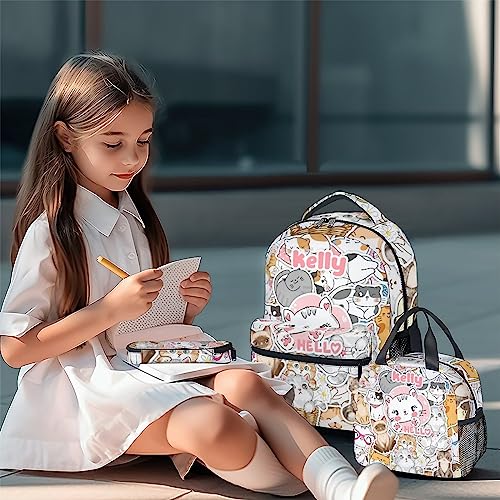 Homexzdiy Personalized Cat Backpack with Lunch Box Set for Girls Boys, Custom 3 in 1 School Backpacks Matching Combo, Cute Pink Bookbag and Pencil Case Bundle
