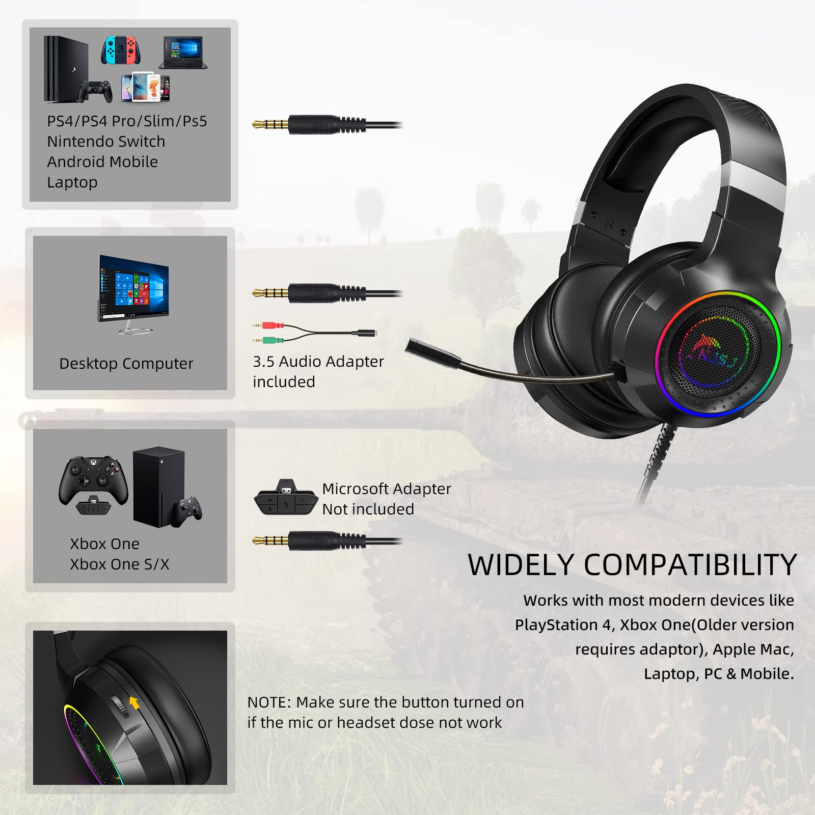 CHAFON E300 Gaming Headset with Noise Cancelling Microphone, Surround Sound Headphones for PS4 PC Xbox One PS5 Controller, Dynamic RGB Wired Headsets for Computer Laptop Mac Nintendo NES Games