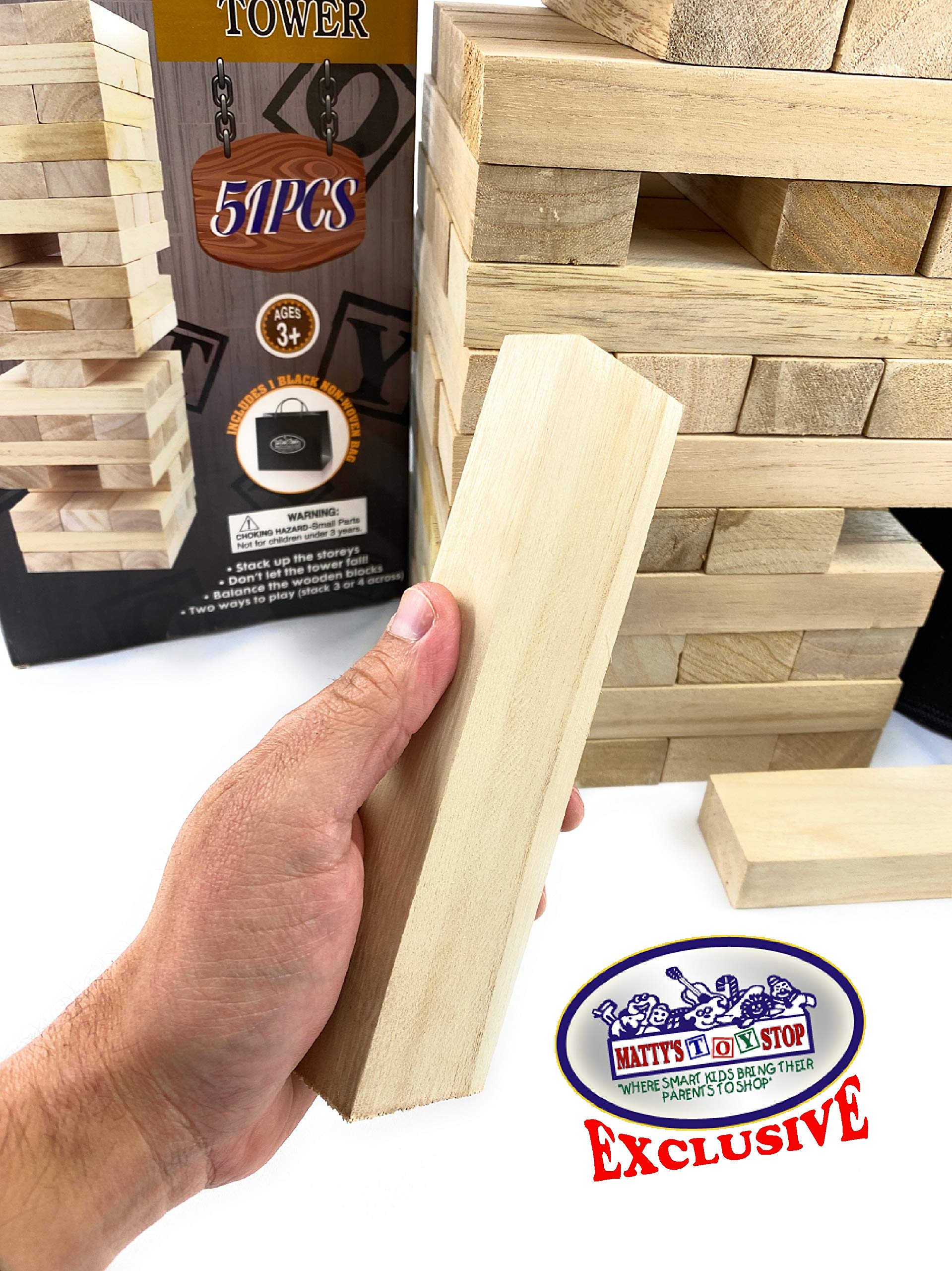 Mɑtty's Toy Stop Deluxe 51pc Giant Wood Tower Stacking Game with Storage Bag (Starts 17" Tall)