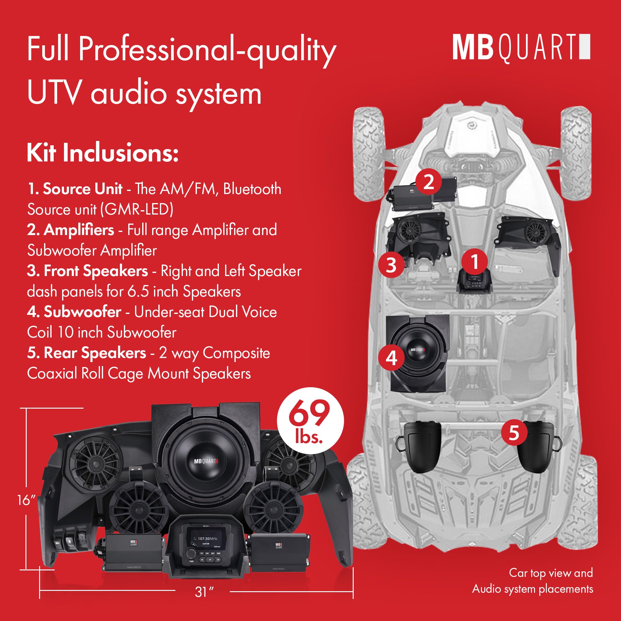 MB Quart MBQX-STG5-1 Can-Am Maverick X3 Premium Audio System | 4X 6.5 Speakers, 10" Sub, Bluetooth Radio, Dual 400W Amps | 2017+ Models