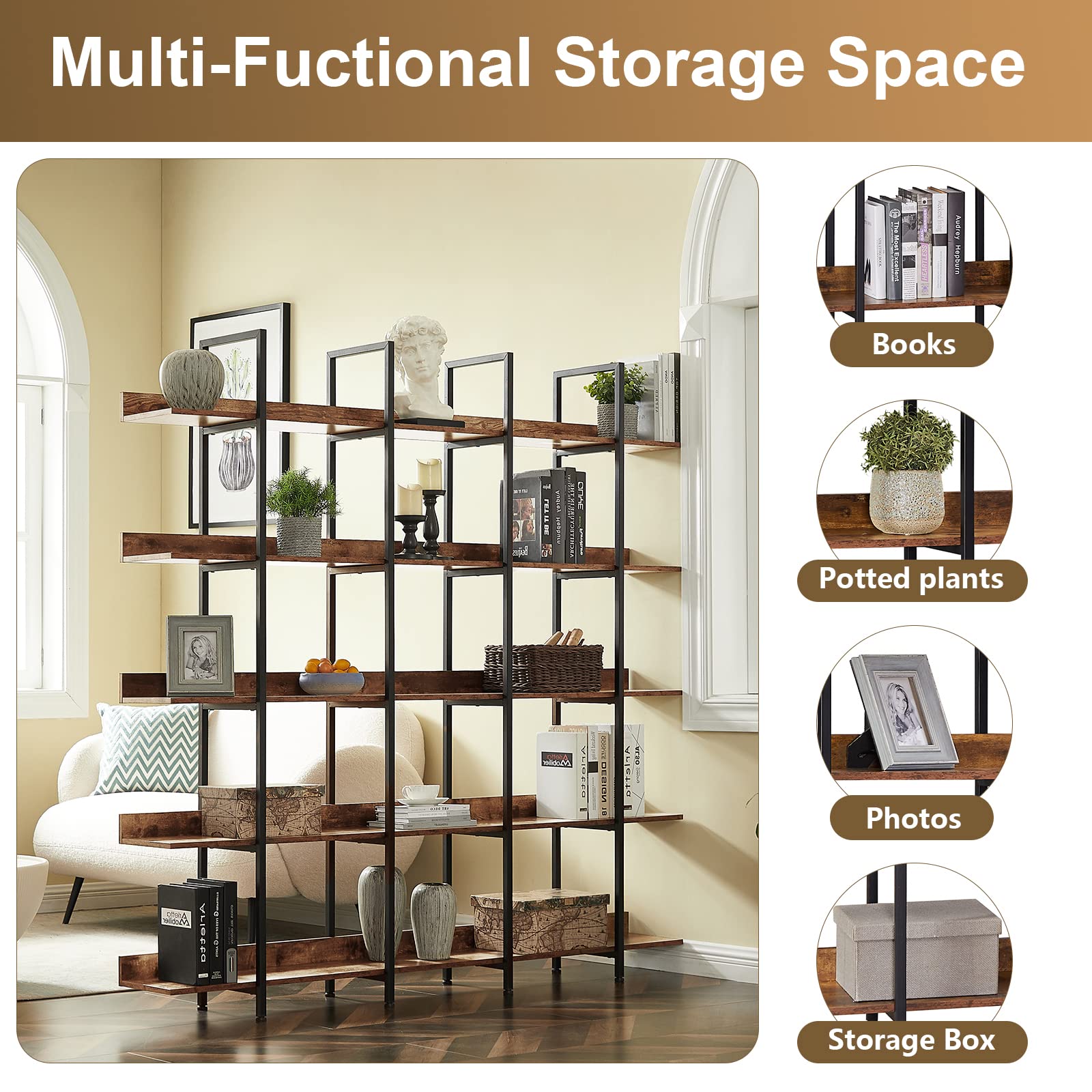 GNIXUU Triple Wide Bookshelf 5-Tier, Industrial Display Bookcase with Metal Frame, Tall Open Storage Book Shelves for Bedroom Living Room Office (Rustic Brown)