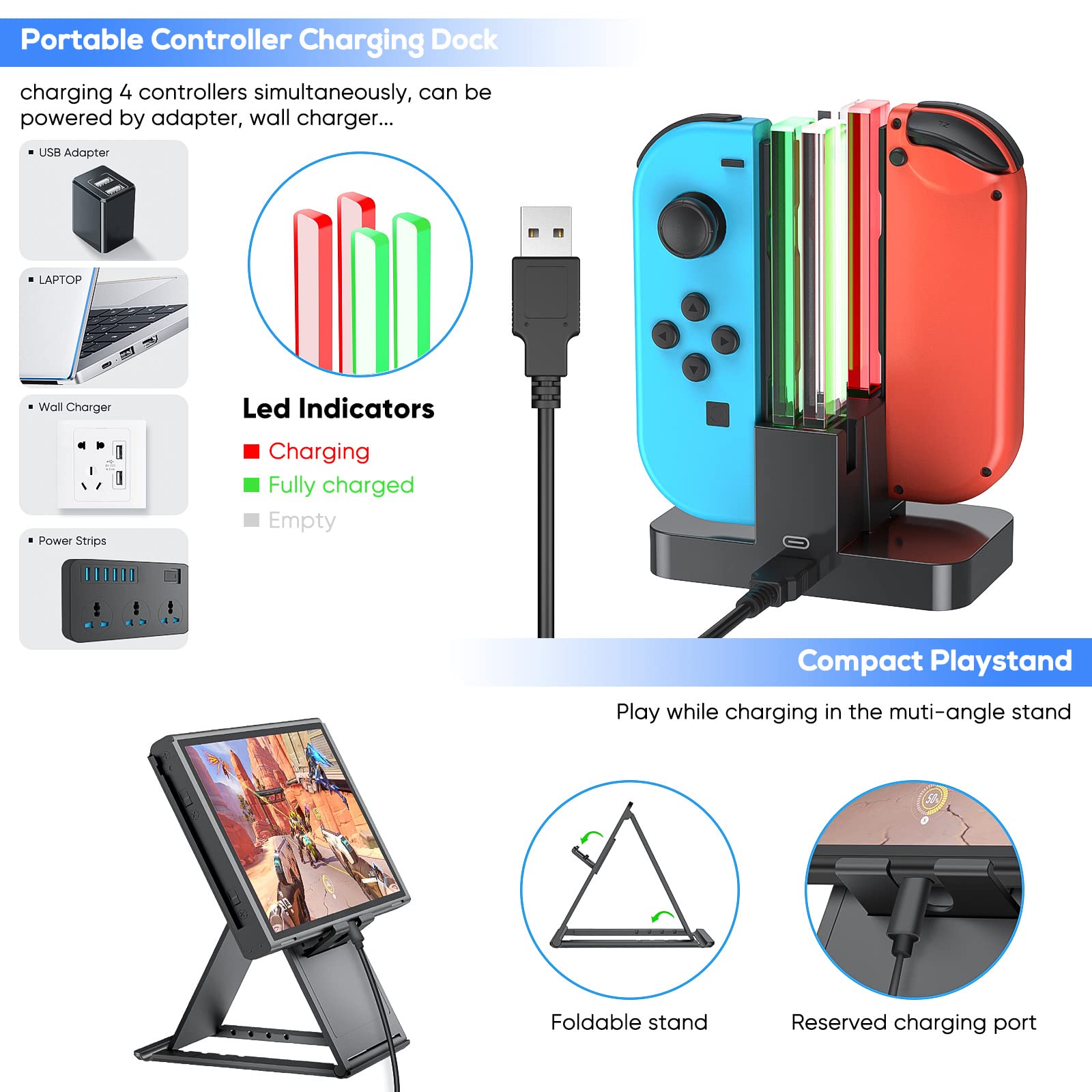 Carrying Case & Accessories Bundle Kit for Nintendo Switch OLED 2021 Model with Charging Dock, 3in1 Protective Case, Screen Protector, Racing Steering Wheel Grip, Handle Grip, Thumbstick Cap&PlayStand
