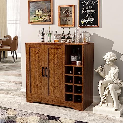 FROMJBEST Wine Bar Cabinet, Coffee Bar Cabinet with 2 Door and Shelf, Glass Holder, Accent Storage Cabinet, Buffet Sideboard for Dining Room, Kitchen (Brown)