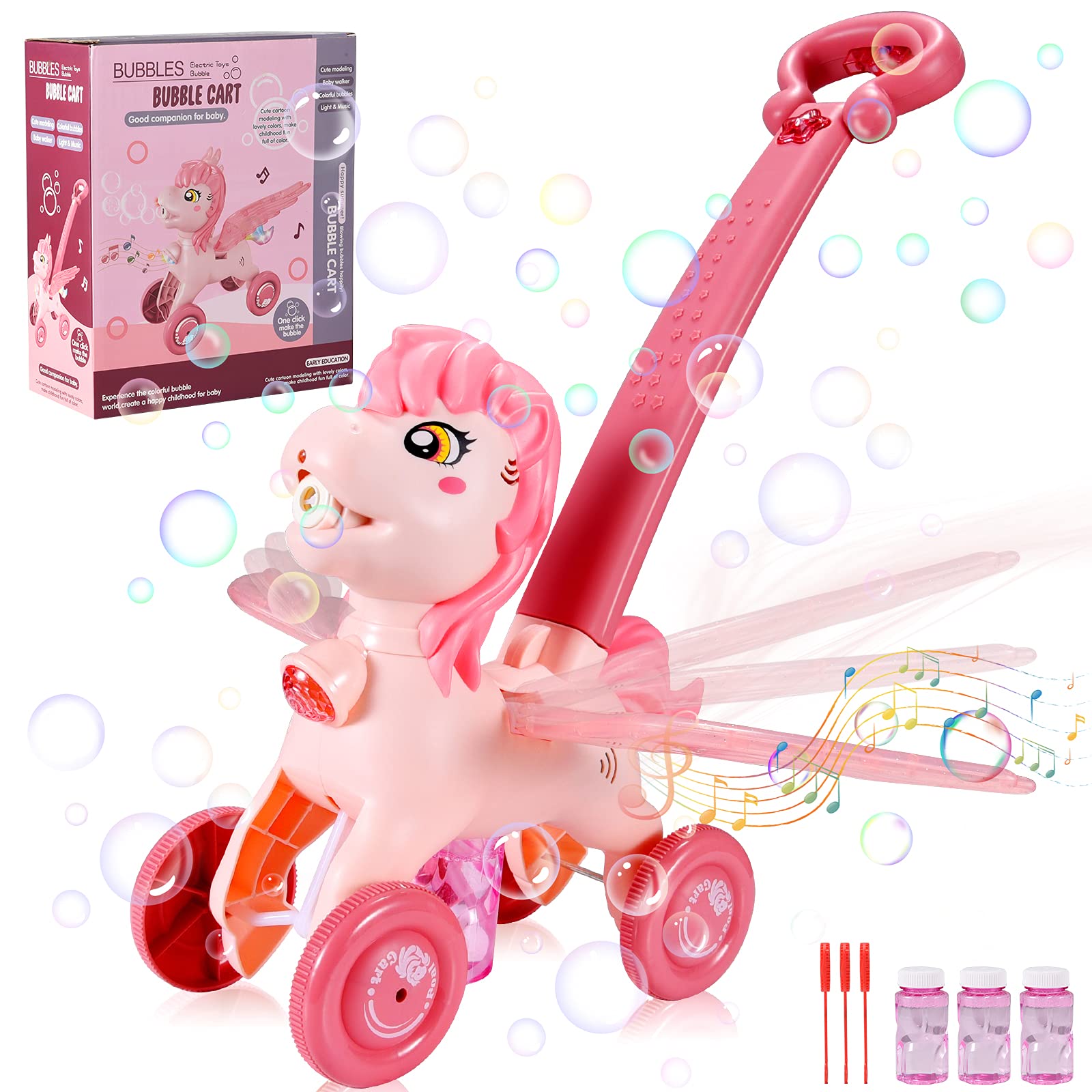 ZAYOR Bubble Machine for Kids,Fun Cute Horse Bubble Mower with Music Lights,Summer Outdoor Push Toy for Beach,Garden,Park,Lawn Game,Preschool Toddler Toys Birthday Unicorn Gifts for Girls 3-8 Year Old