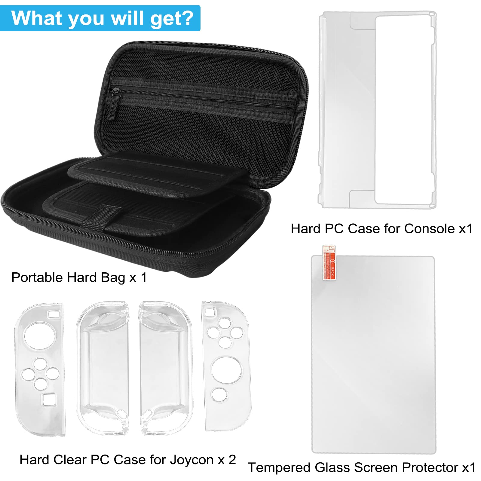 Carrying Case Compatible with Nintendo Switch OLED, Portable Storage Travel Case Protective Hard Clear Case Tempered Glass Screen Protector for Nintendo Switch