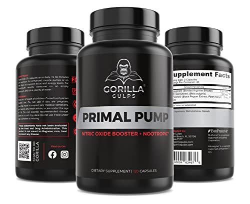 Gorilla Gulps - Primal Pump Nitric Oxide Supplement Nootropic 1500mg Nitrosigine L Arginine & Beet Root for Muscle Growth, Pumps, Blood Flow, Energy & Focus - Max Strength Pre Workout N.O. Booster