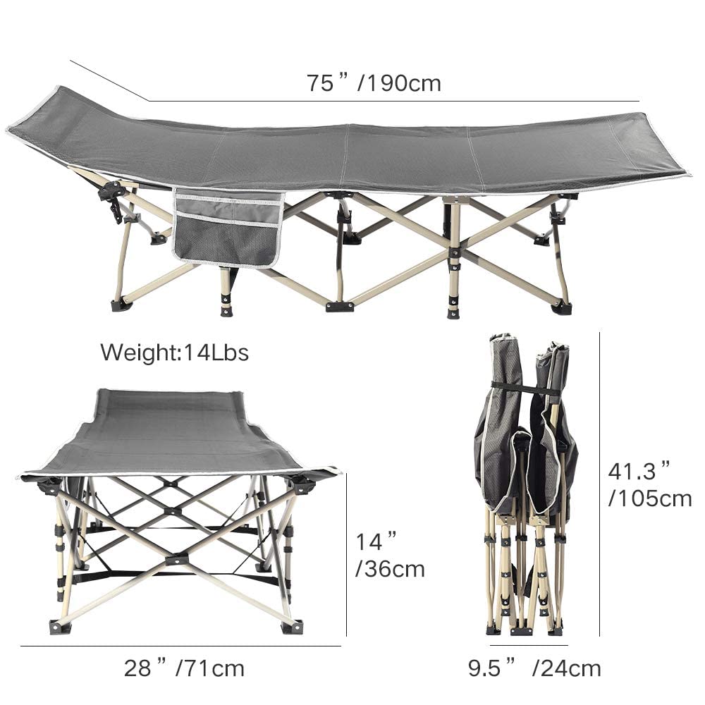 Camping Cot Max Load 450 LBS 1 Side Large Pockets Extra Wide Sturdy Portable Foldable Outdoor Bed for Adults Kids for Camping Beach BBQ Hiking Backpacking Office (Grey)