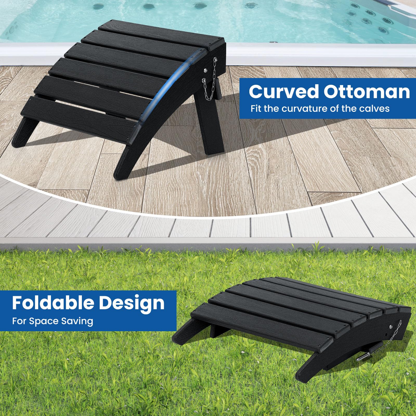Folding Adirondack Chair with Ottoman Weather Resistant Foldable Fire Pit Chairs with Footrest HDPE Outdoor Adirondack Chair for Patio Front Porch Pool Garden Deck Fire Pit Outside, Black