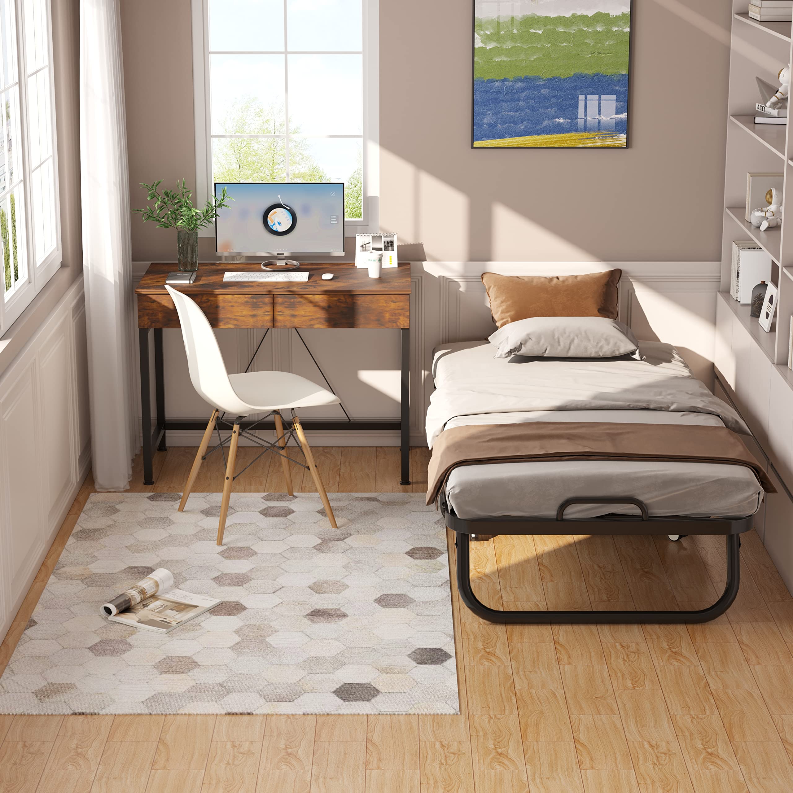 Folding Bed with Mattress, Portable Foldable Bed with Premium 5 Inch Memory Foam Mattress, Rollaway Bed Day Bed for Adults with Storage Cover and Metal Frame, Cot Size Extra Guest Bed (75" x 31")