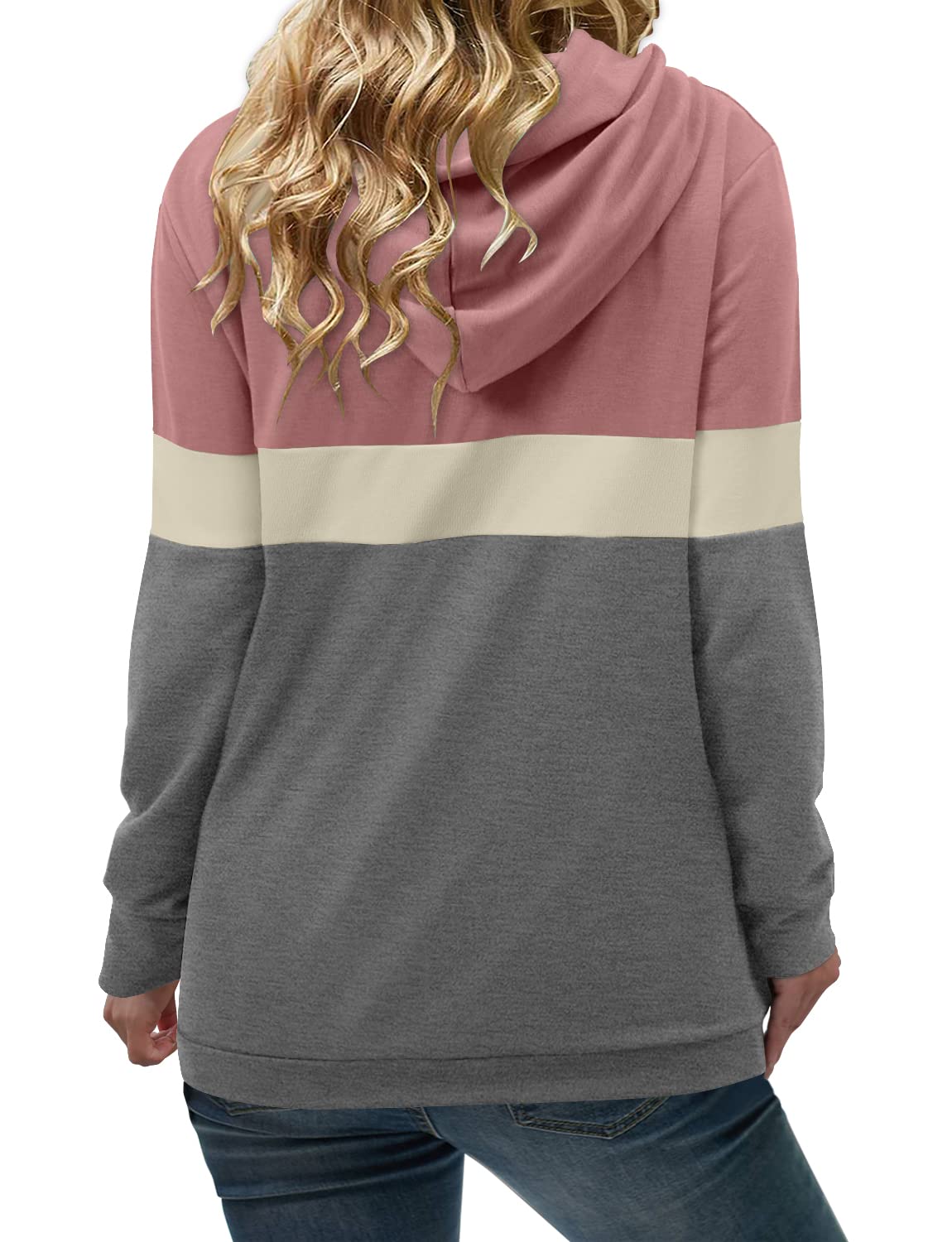 CRAZY GRID Women’s Long Sleeve Shirts with Pocket Pullover Crew Neck Drawstring Casual Sweatshirts Grey Pink Medium